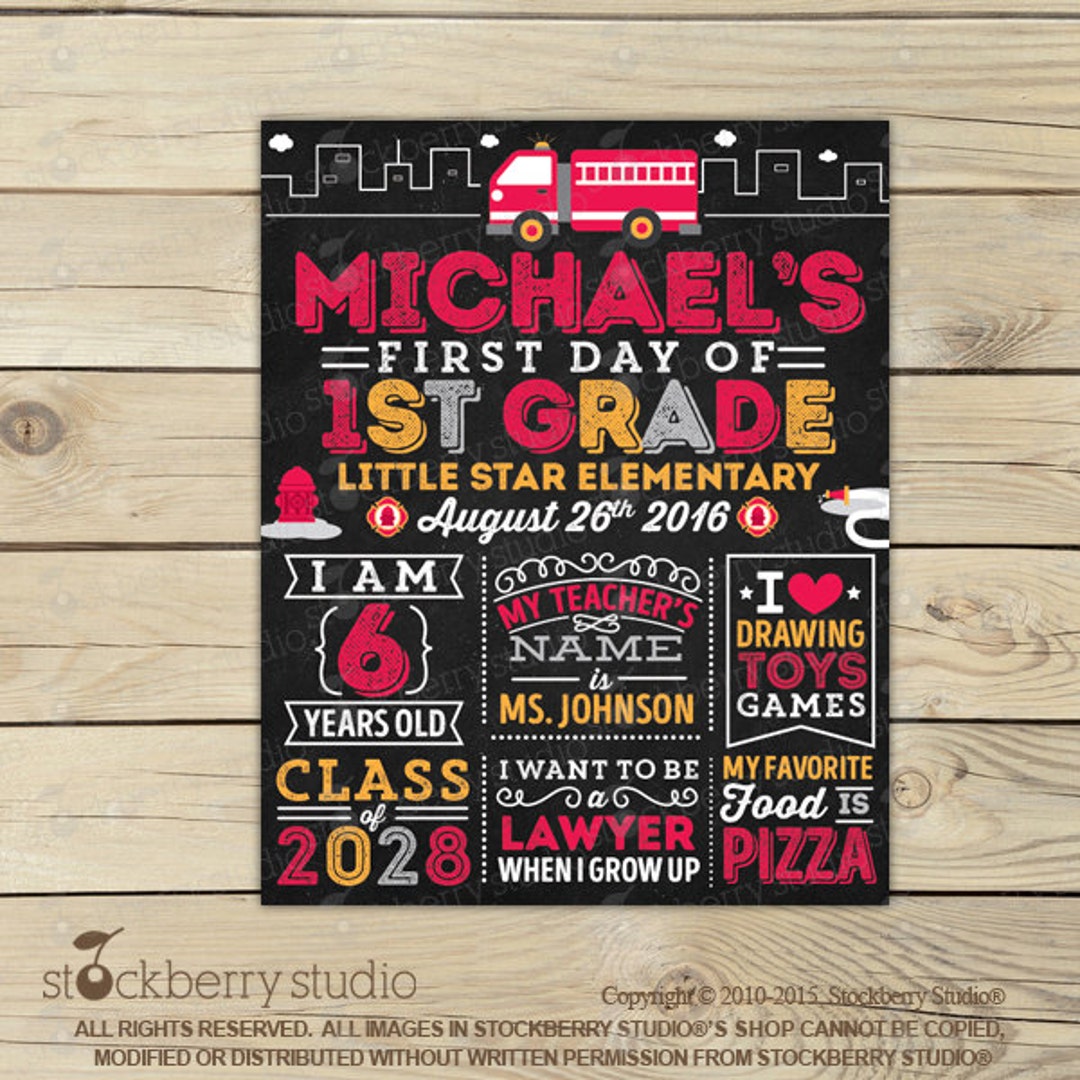 Firetruck First Day of School Sign Boy 1st Day of School Sign Fire ...