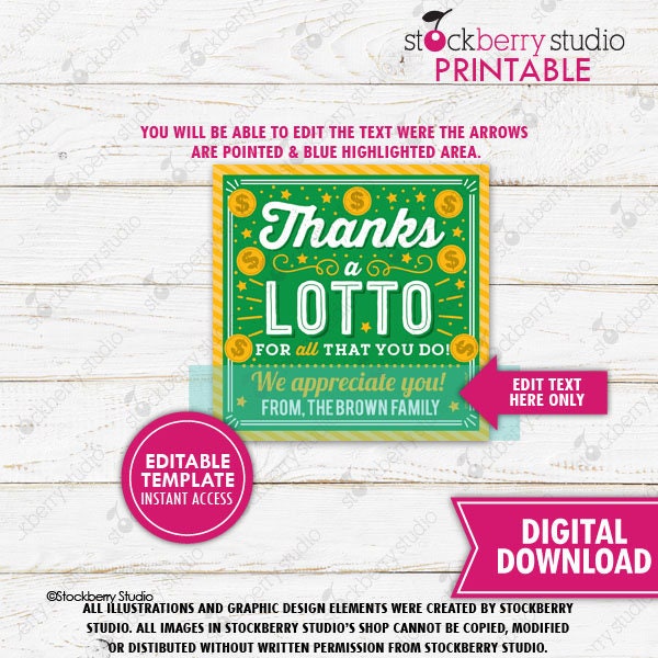 Lottery Gift Tag Thanks A Lotto for All That You Do Lottery Ticket Tag ...