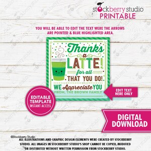 Thanks a Latte Gift Tag Printable Coffee Thank You Tag Editable ...