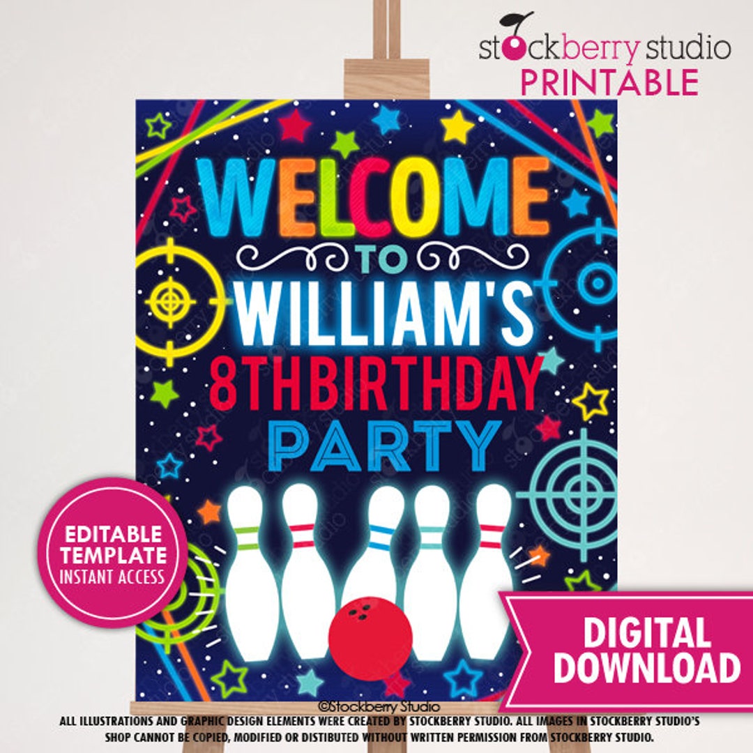 Laser Tag Bowling Birthday Party Welcome Sign Printable Neon Glow ...