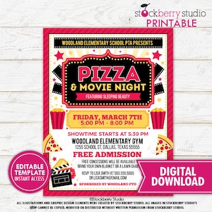 Pizza and Movie Night Flyer Printable Church School Fundraiser Event ...