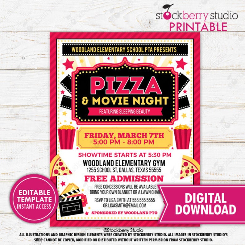 Pizza and Movie Night Flyer Printable Church School Fundraiser Event ...