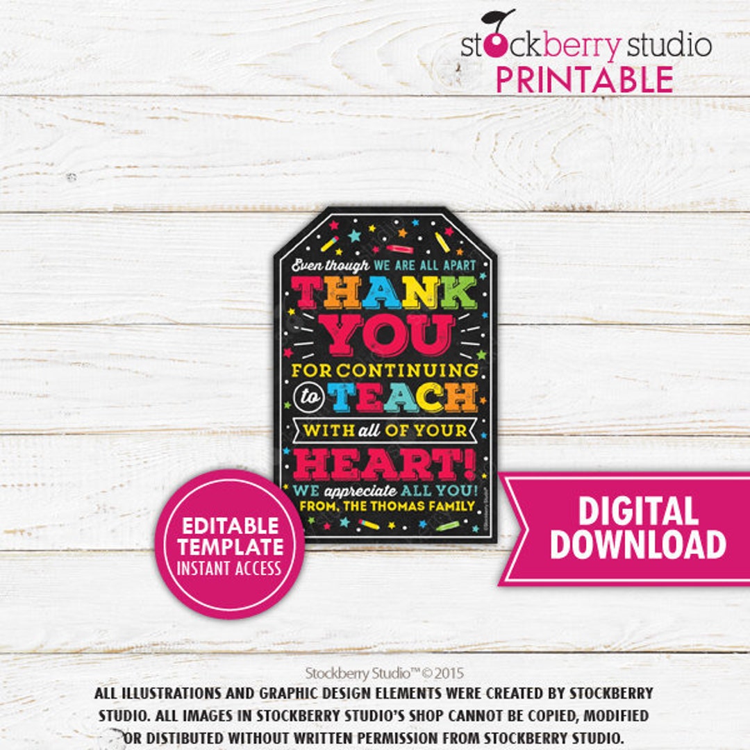 Virtual Teacher Tag Printable Teacher Appreciation Thank You Gift ...
