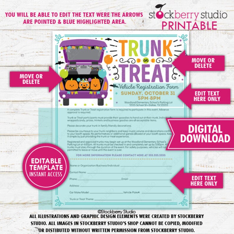 Halloween Trunk or Treat Car Vehicle Registration Form Kids School Sign ...