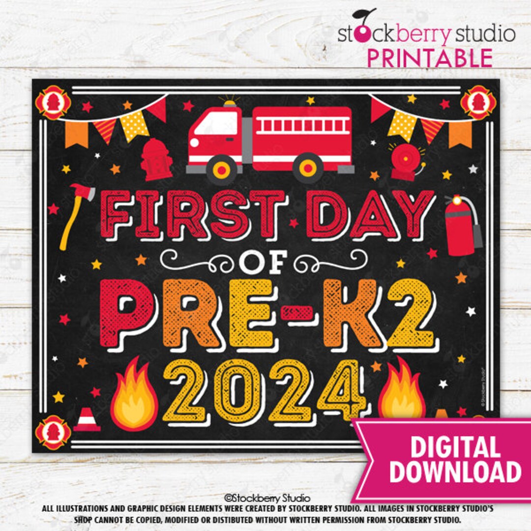 Firetruck First Day of Pre-k2 Sign Fire Truck First Day of Prek2 ...