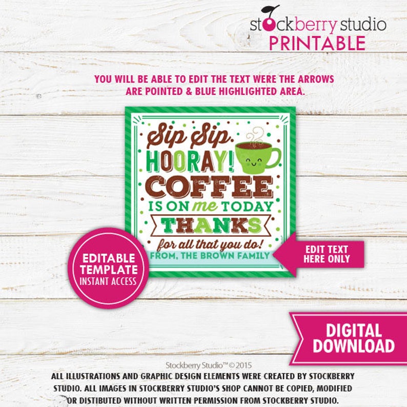 Coffee Gift Tag Printable Sip Sip Hooray Tag Teacher Thank You Tag ...