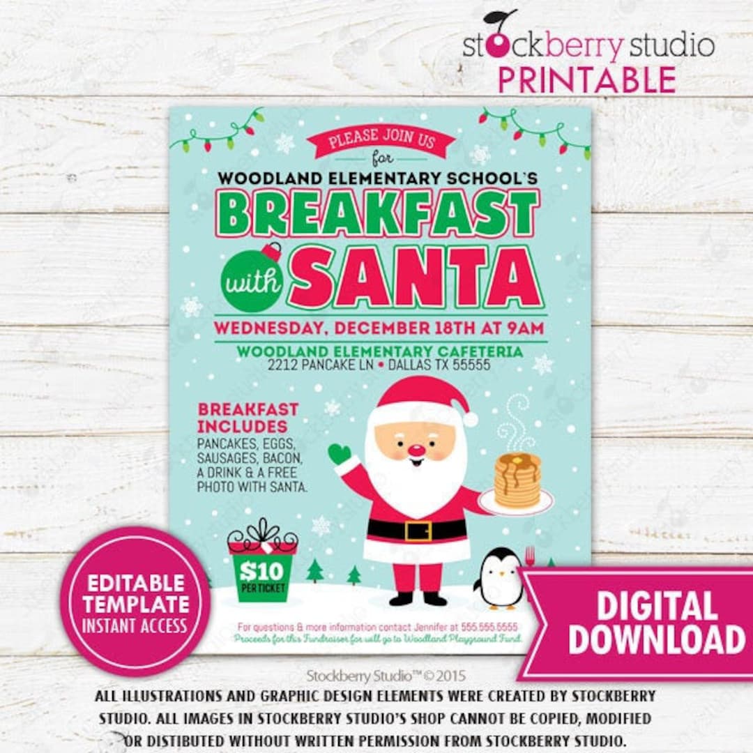Breakfast With Santa Flyer Printable PTO PTA School Fundraiser ...