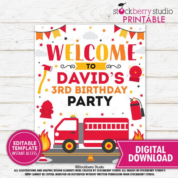 Firetruck Birthday Party Welcome Sign Printable Firefighter Fire Truck ...