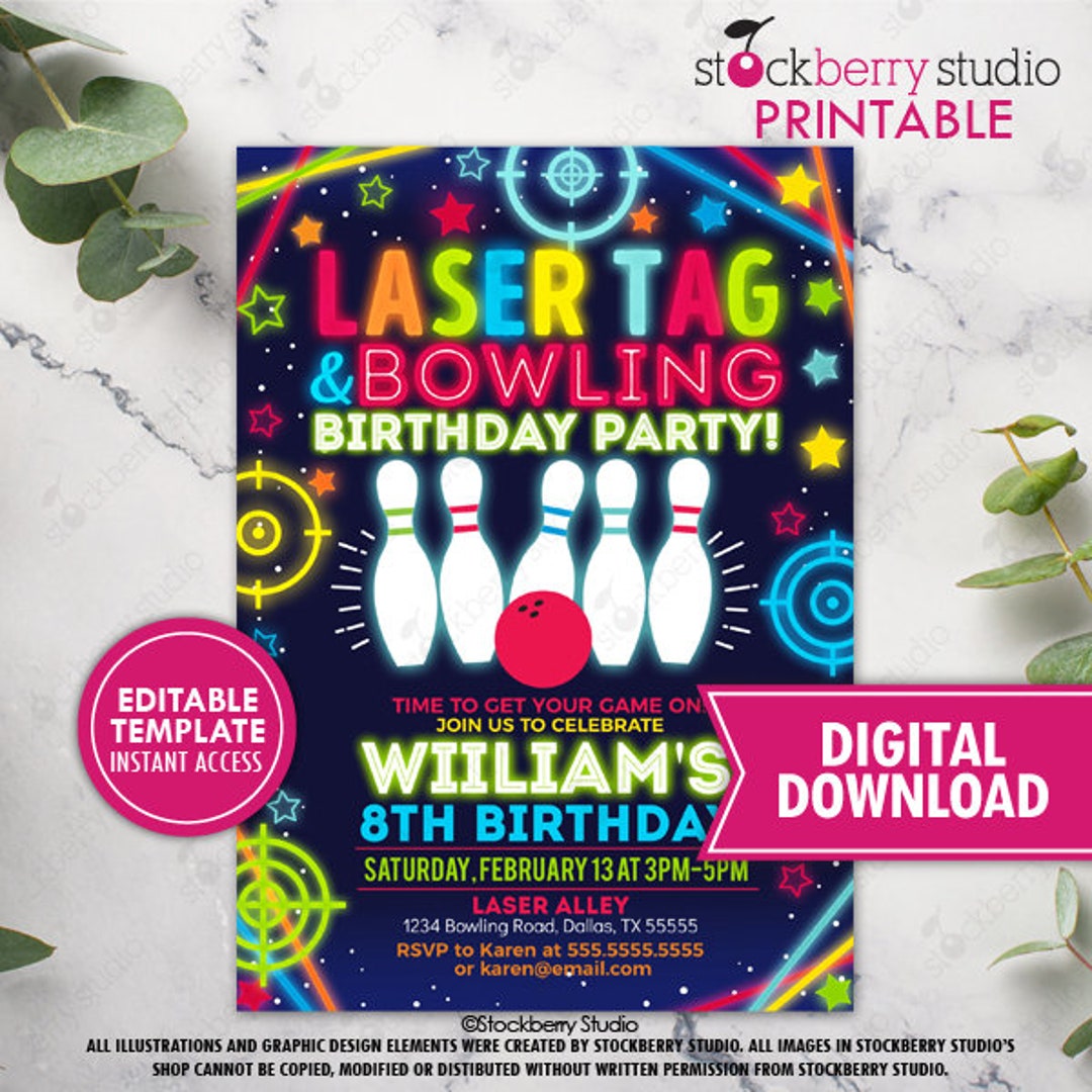 Laser Tag Bowling Birthday Party Invitation Printable Boy Neon Glow ...