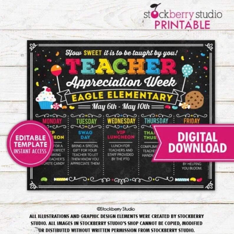 Teacher Appreciation Week Itinerary Printable Schedule Events Poster ...