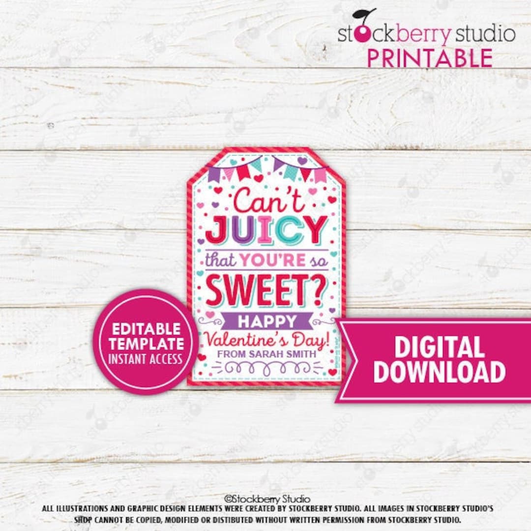 Juice Box Valentine's Day Gift Tag Printable Valentine Can't Juicy That ...