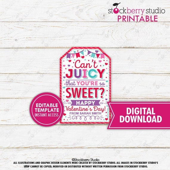 Juice Box Valentine's Day Gift Tag Printable Valentine Can't Juicy That ...