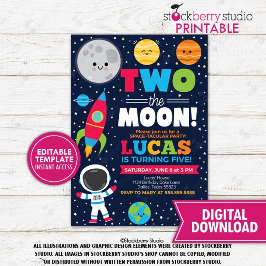 Two the Moon Birthday Invitation Printable Outer Space Astronaut Rocket ...