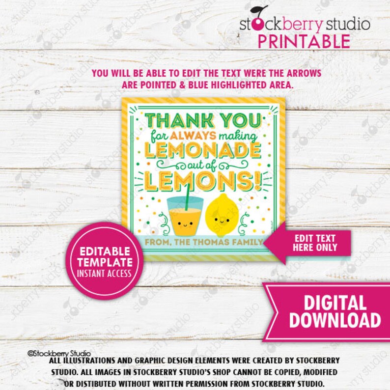 Lemon Gift Tag Printable Lemon Thank You Tag Teacher - Etsy