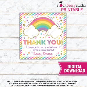 Rainbow Birthday Thank You Tag Printable Pastel Girls Rainbow Party ...
