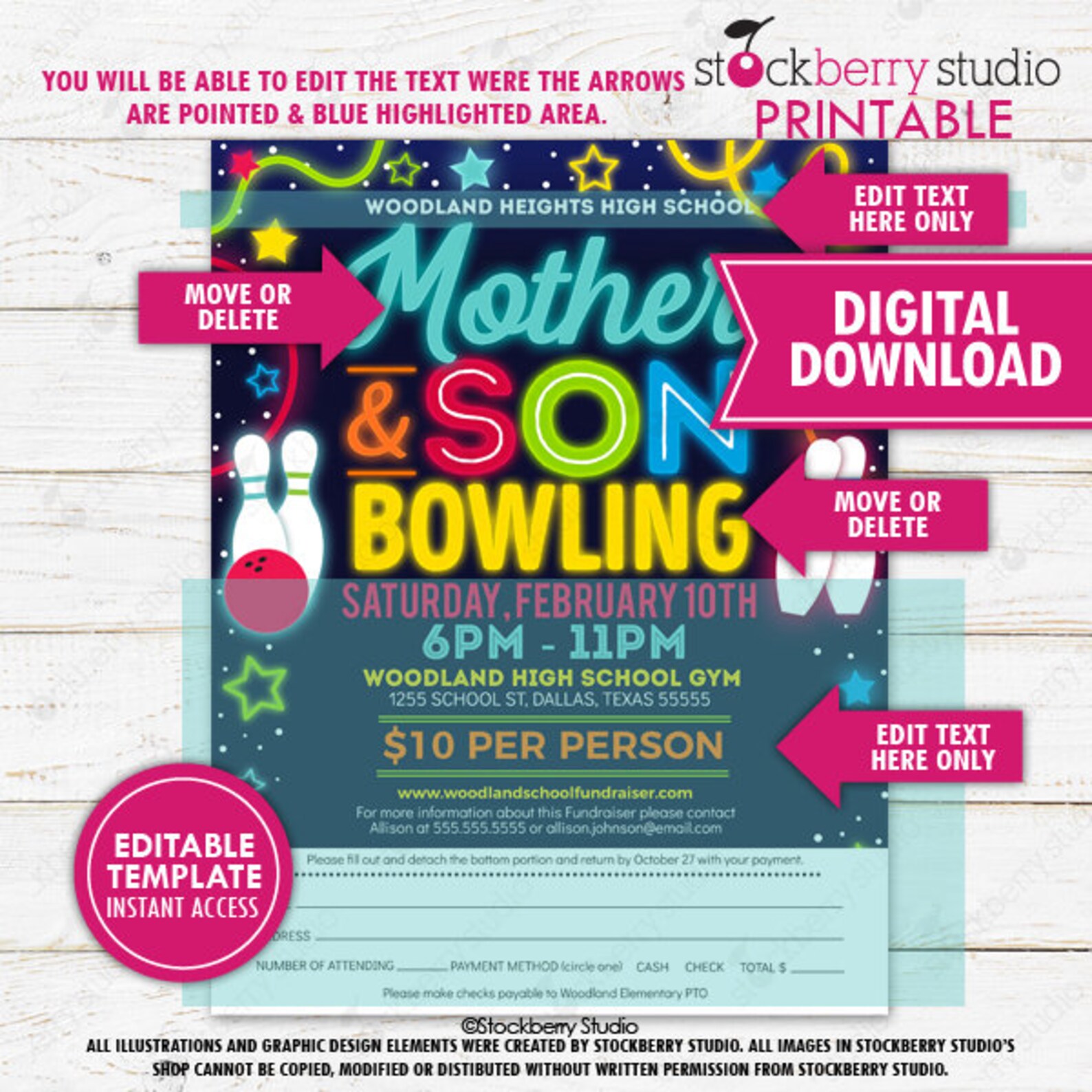 Mother Son Bowling Flyer Ticket Set Printable PTO PTA School Dance ...