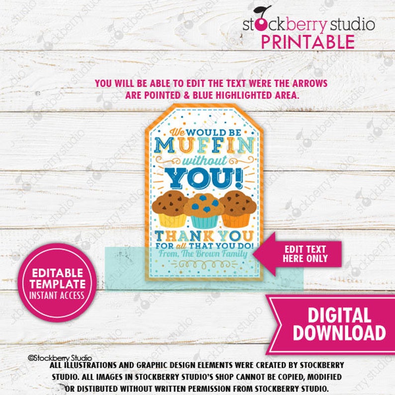 Muffin Tag Printable Thank You Muffin Gift Tag Teacher | Etsy