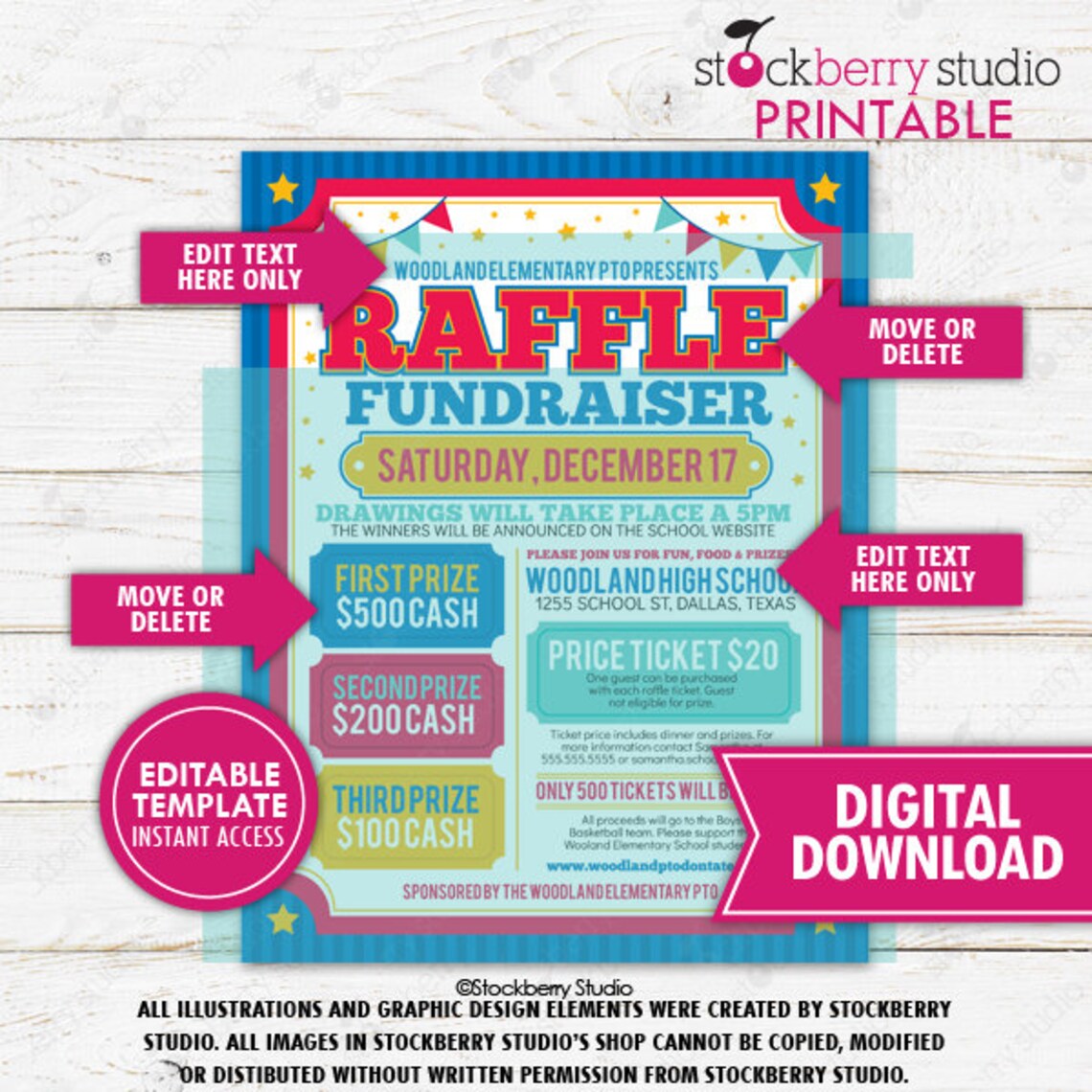 Raffle Fundraiser Flyer Printable Charity Ticket Sales School PTO PTA ...