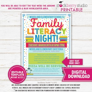 Family Literacy Night Flyer Book Sale PTA School Fundraiser Flyer ...