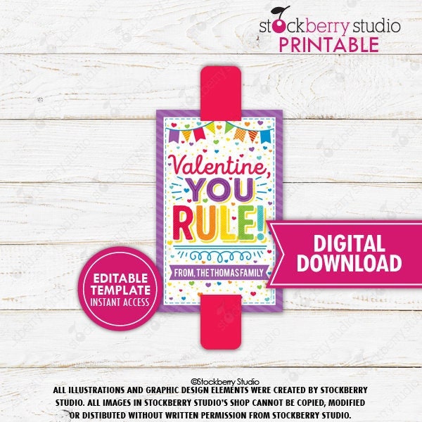 Valentine's Day Tracing Ruler Gift Tag Valentine You Rule Card ...