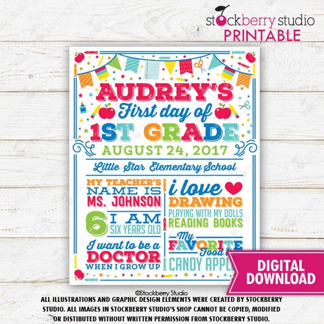 Girl First Day of School Sign Printable Custom Back to School 1st Day ...