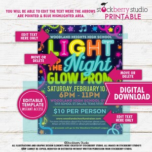 Light up the Night Prom Flyer Ticket Invite Set Printable Neon Glow ...