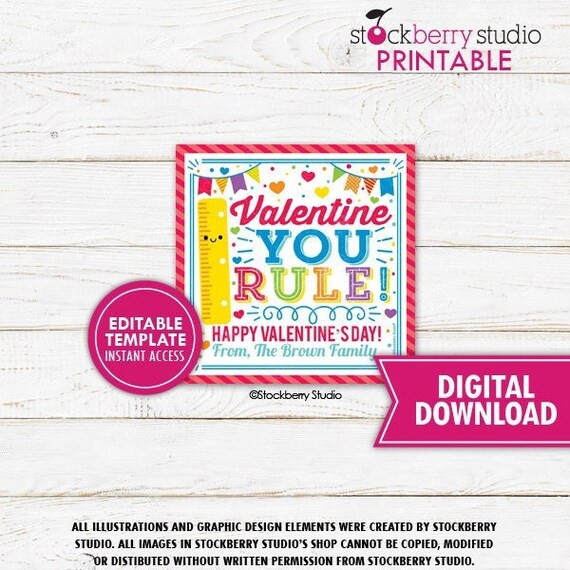 Valentine's Day Ruler Gift Tag Printable Valentine You Rule Kids ...