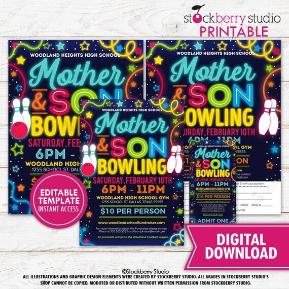 Mother Son Bowling Flyer Ticket Set Printable PTO PTA School Dance ...