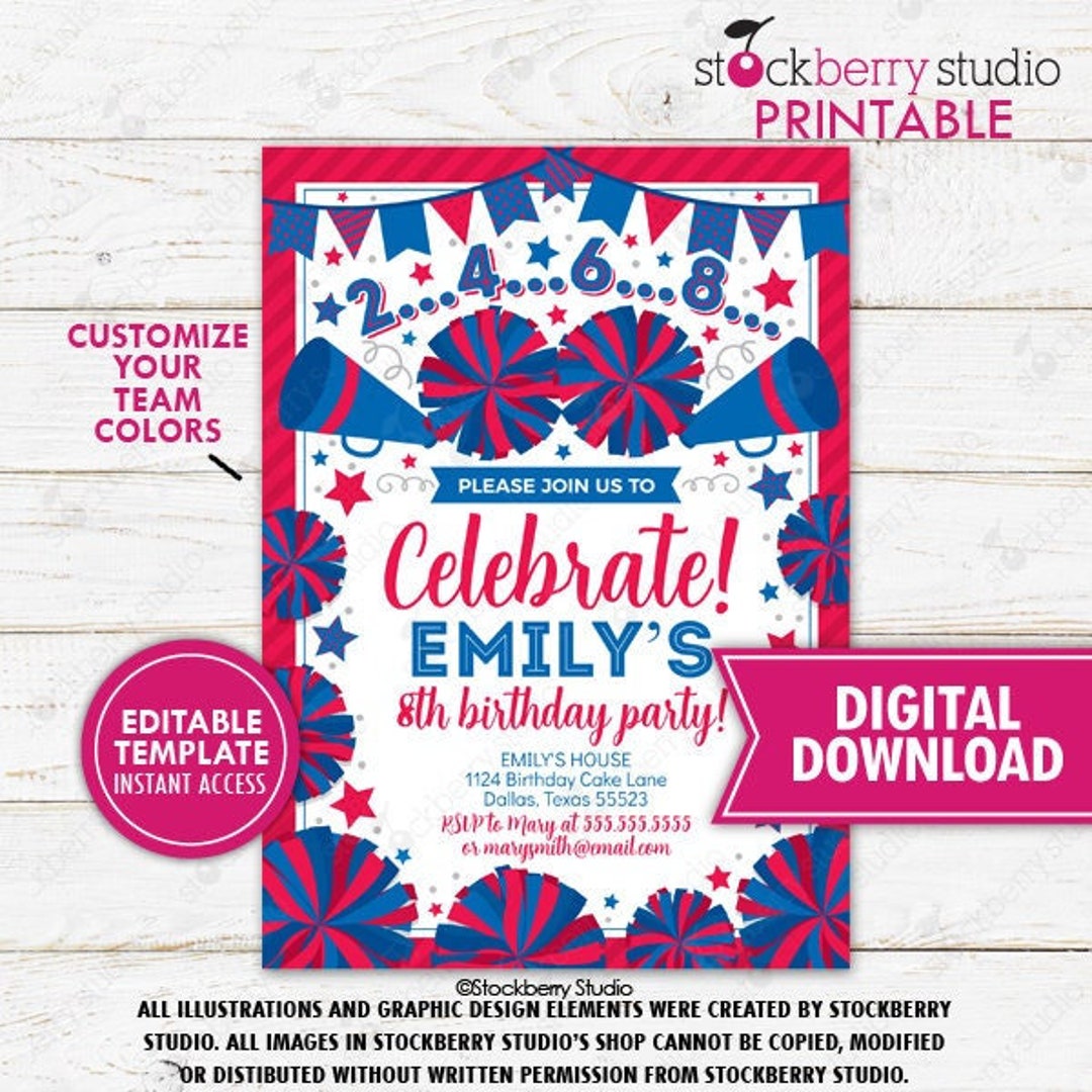 Girl Cheerleader Invitation Printable Cheer Birthday Invite Printed ...