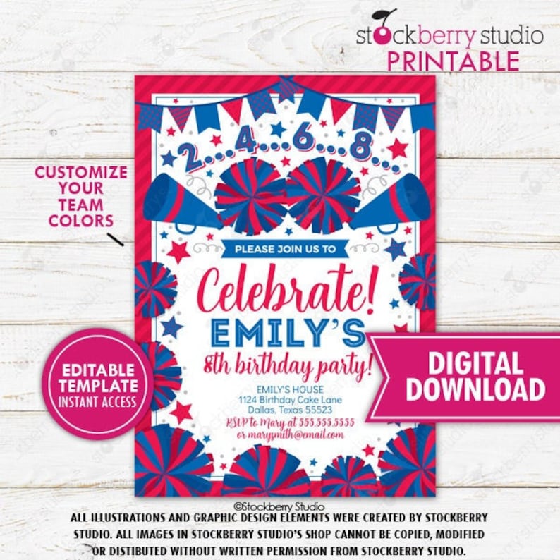 Girl Cheerleader Invitation Printable Cheer Birthday Invite Printed ...