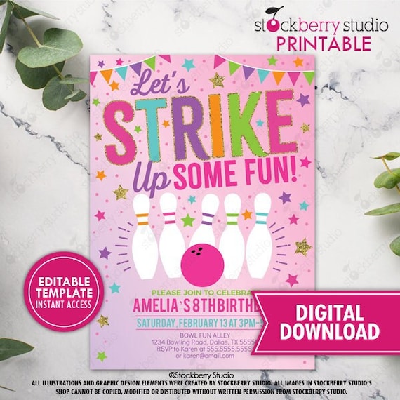 Girl Bowling Birthday Invitation Printable Pink Bowling Party ...