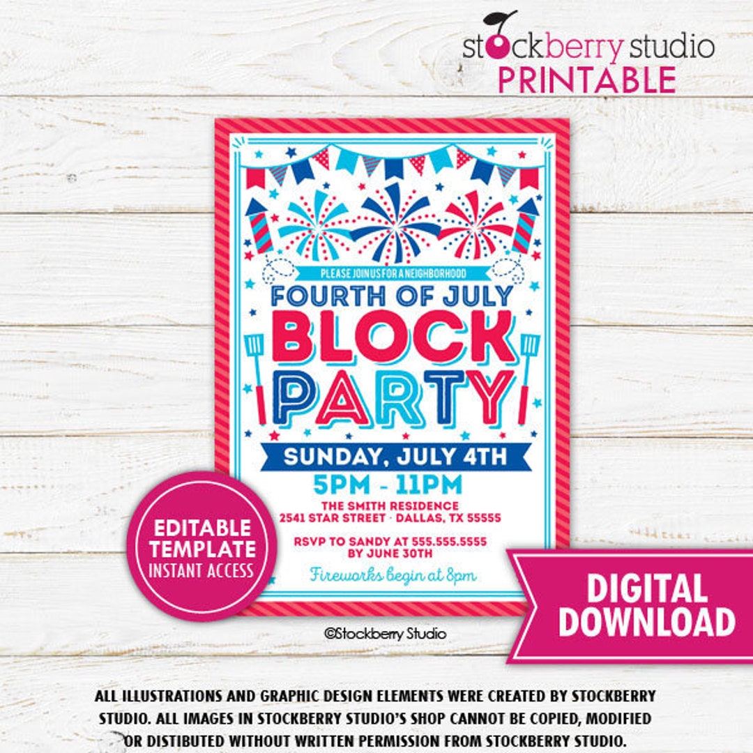 4th of July Block Party Invitation Fourth of July Neighborhood BBQ ...