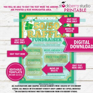 50/50 Raffle Ticket Fundraiser Flyer Printable Cash Split the Pot PTO ...