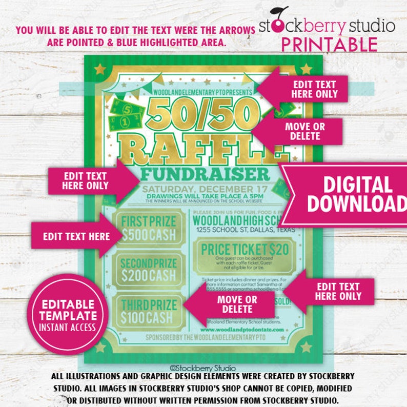 50/50 Raffle Ticket Fundraiser Flyer Printable Cash Split the - Etsy