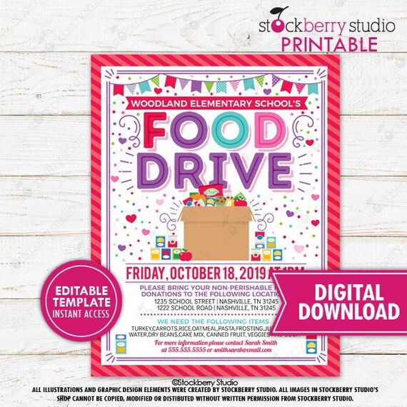 Valentine's Day Food Drive Flyer Printable Donation Fundraiser PTO PTA ...