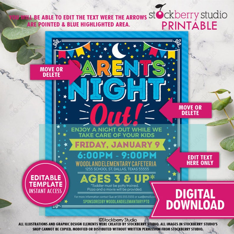 Parents Night Out Flyer Printable PTO PTA Church Community Family ...
