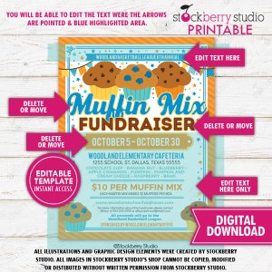 Muffin Mix Fundraiser Flyer Printable Baked Bakery Sales School PTO PTA ...