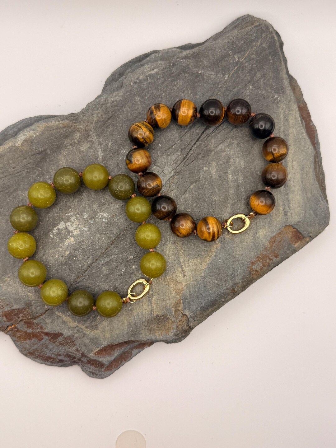 Chunky Bracelets - Caramel Tigers Eye and Olive Green Jade With Gold - Etsy