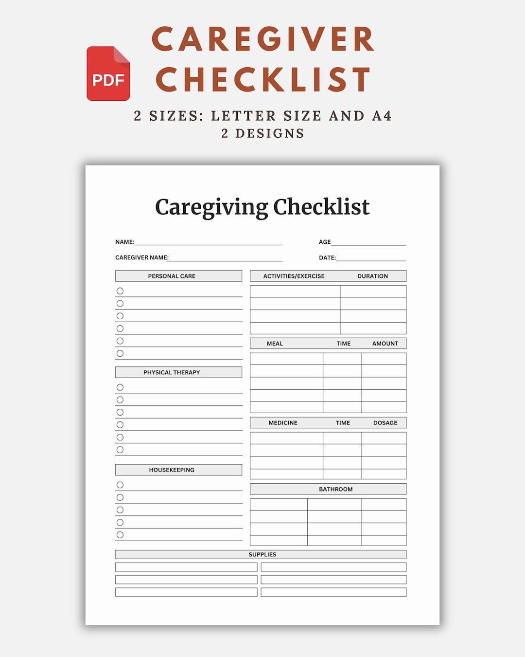 Printable Caregiver Checklist for Caregiver Daily Tasks, Daily ...