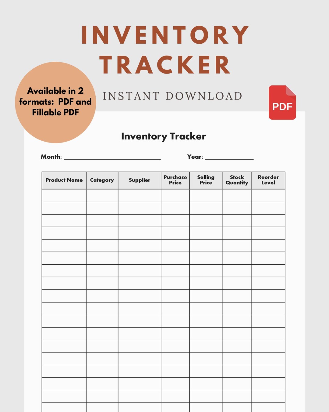 Simple Inventory Tracker Template: Printable & Fillable PDF (digital ...