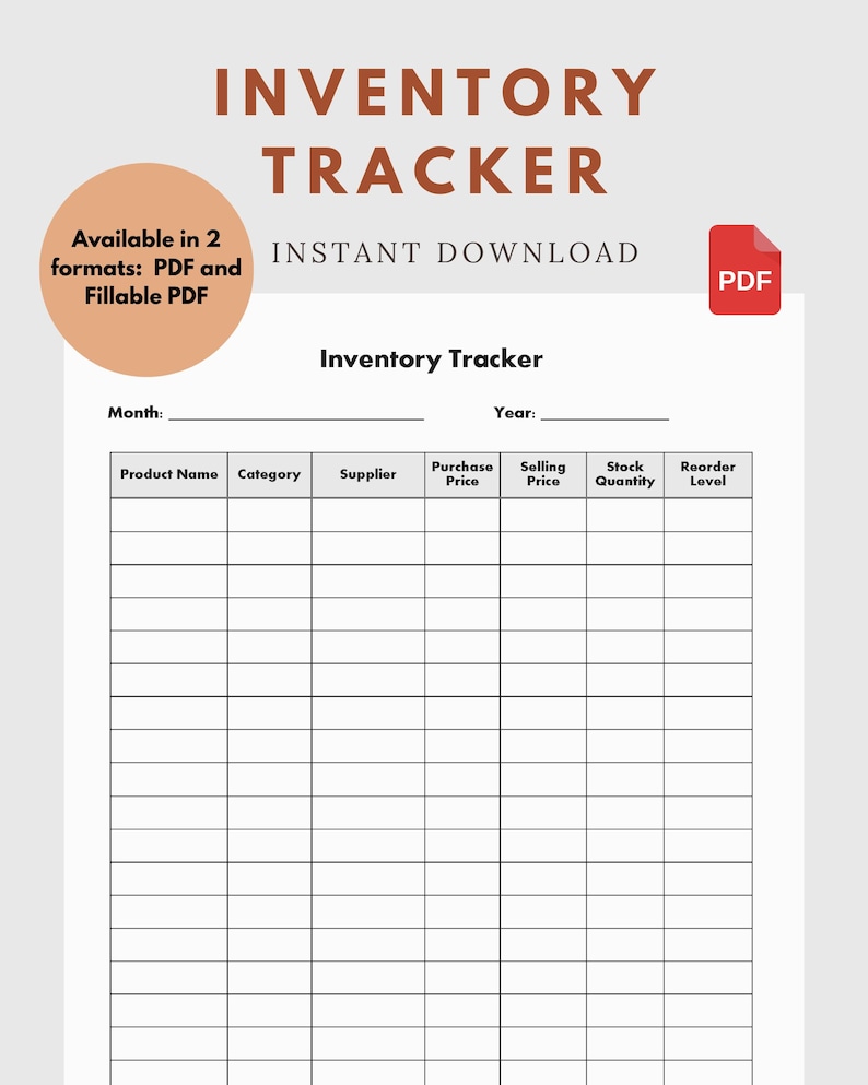 Simple Inventory Tracker Template: Printable & Fillable PDF (digital ...