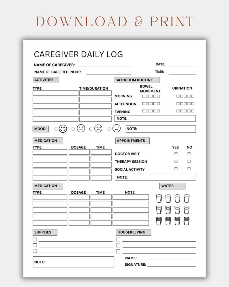 Caregiver Daily Log Printable, Senior Care Log, Elderly Care Log ...