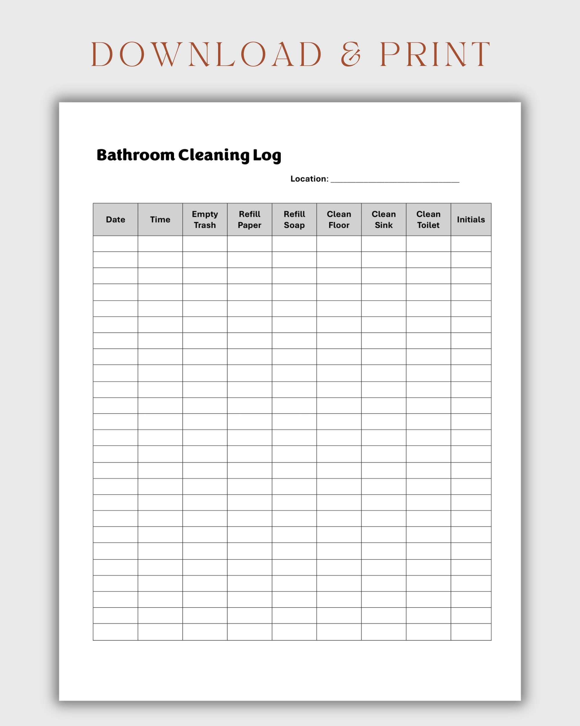 Editable Bathroom Cleaning Log Template, Printable Restroom Cleaning ...