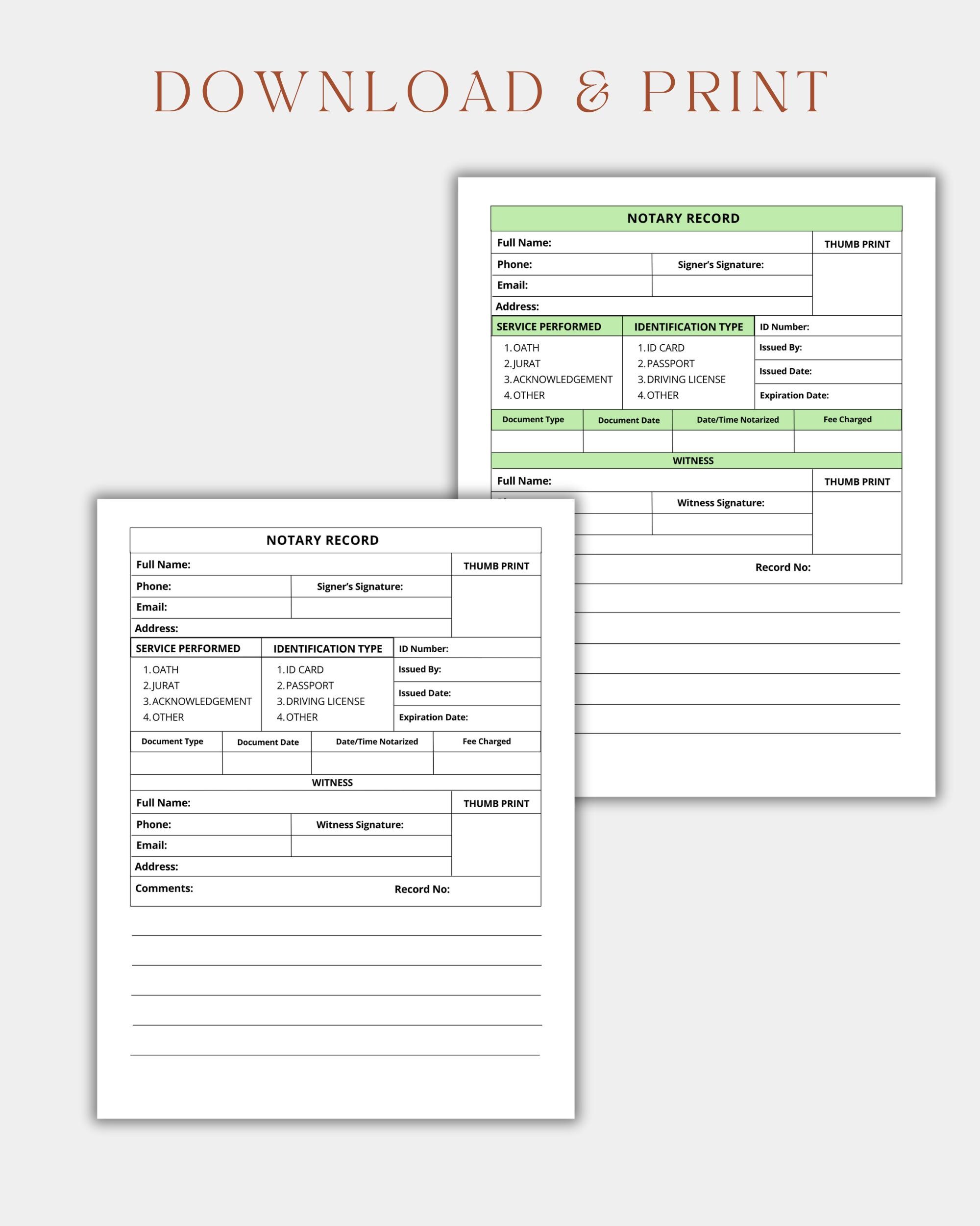 Printable Notary Journal Log Pages, Notary Public Record Book PDF ...