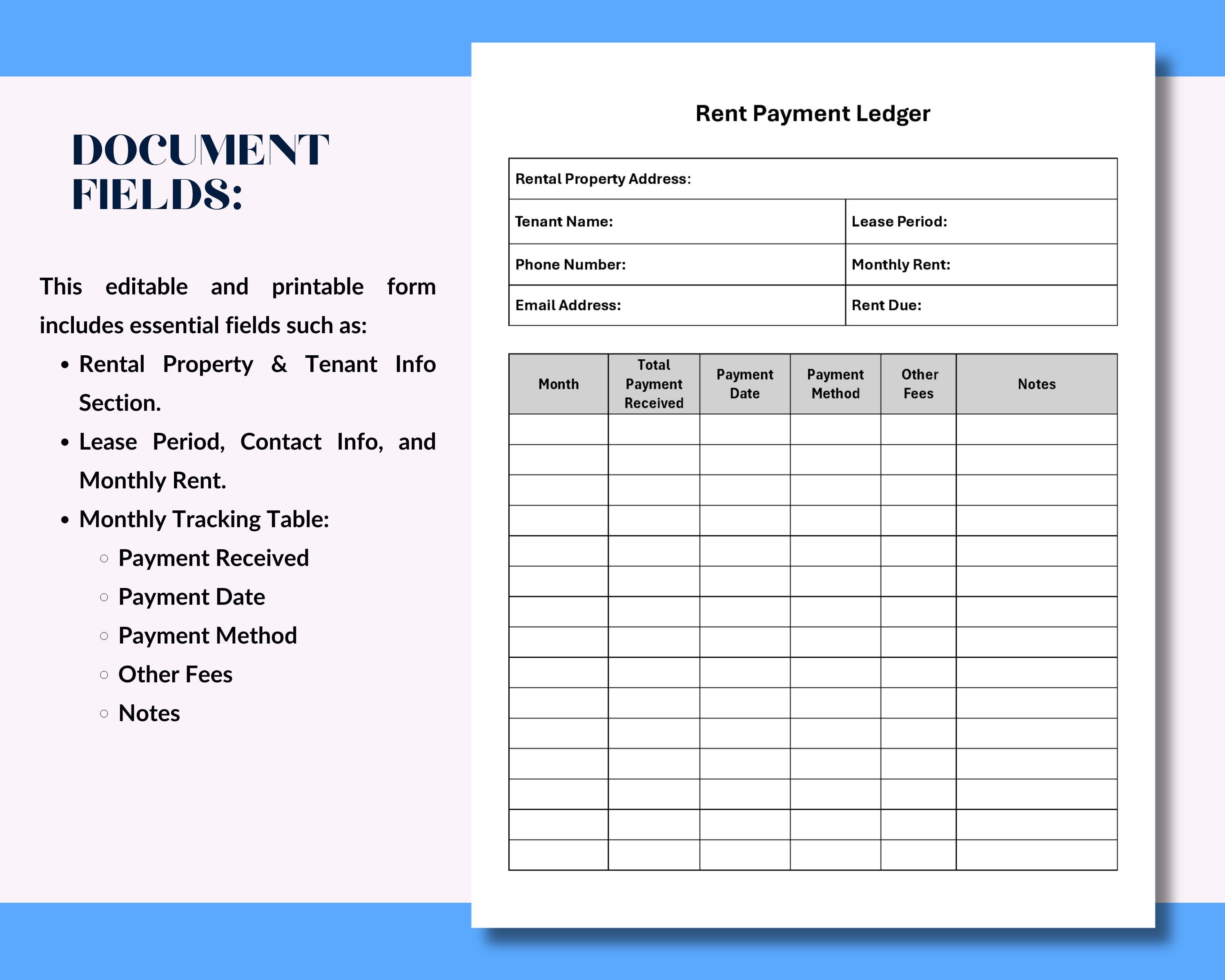 Printable Rent Payment Ledger: Landlord Tenant Tracker (PDF, Word ...