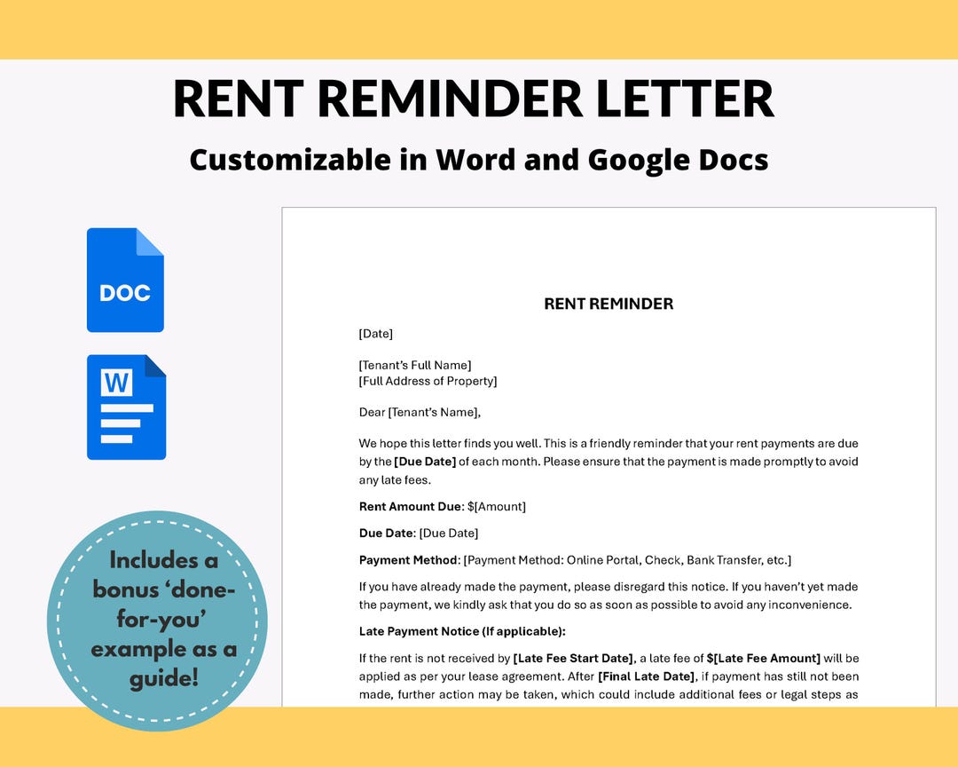 Editable Rent Reminder Letter Template: Landlord Payment Notice (word ...