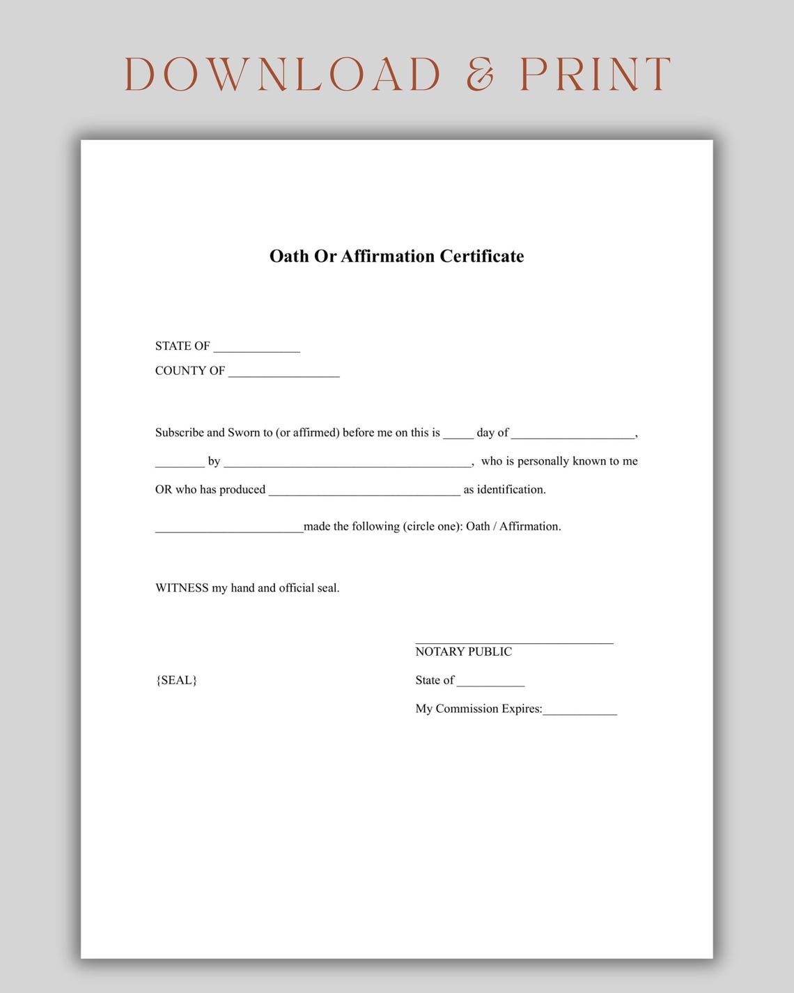 Editable Notary Oath or Affirmation Certificate | Printable Notary ...