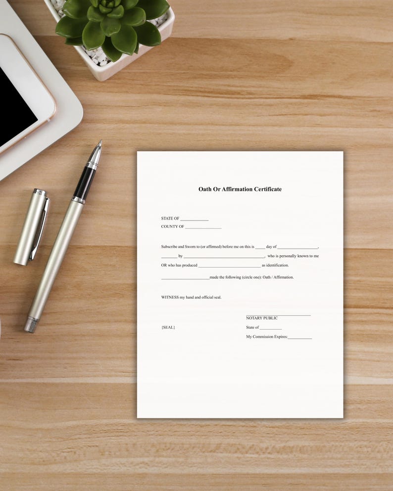 Editable Notary Oath or Affirmation Certificate | Printable Notary ...