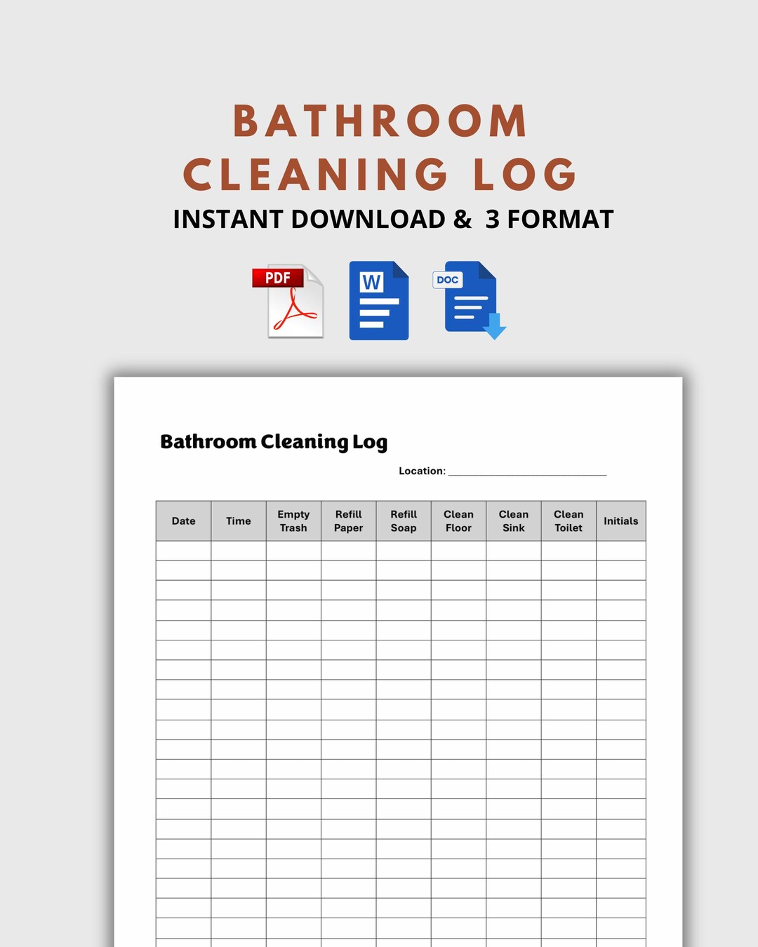 Editable Bathroom Cleaning Log Template, Printable Restroom Cleaning ...