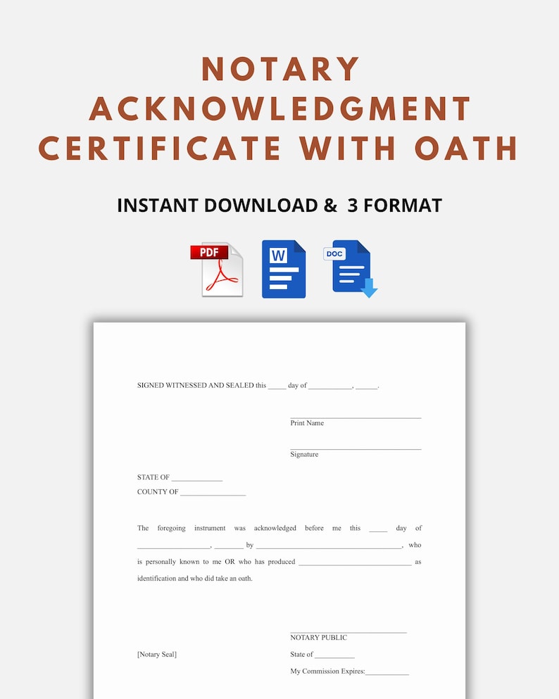 Editable Notary Acknowledgment Form | Printable Notary Certificate ...